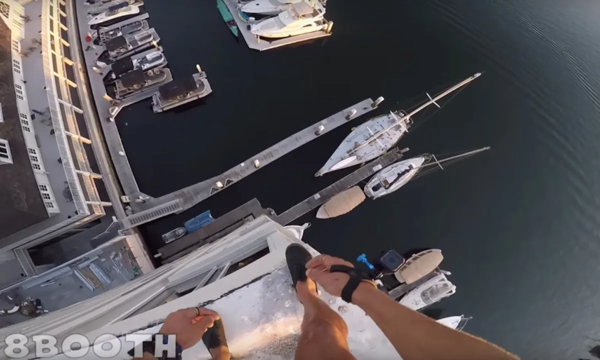 Illegal 129ft Roof Jump Into Newport Harbor, CA (Almost Hits Dock ...