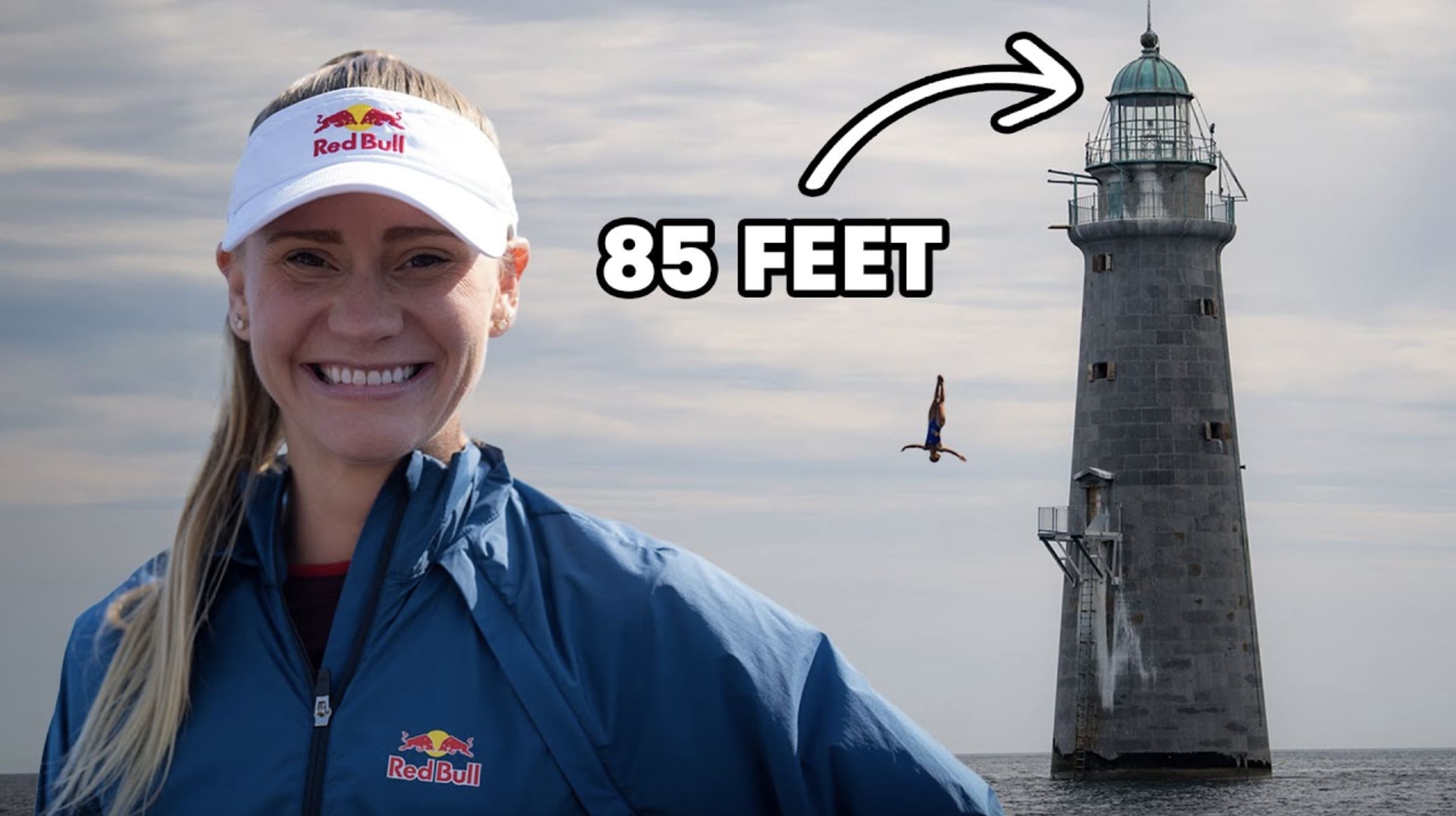 Cliff Diver Jumps From A Lighthouse In The Middle Of The Ocean