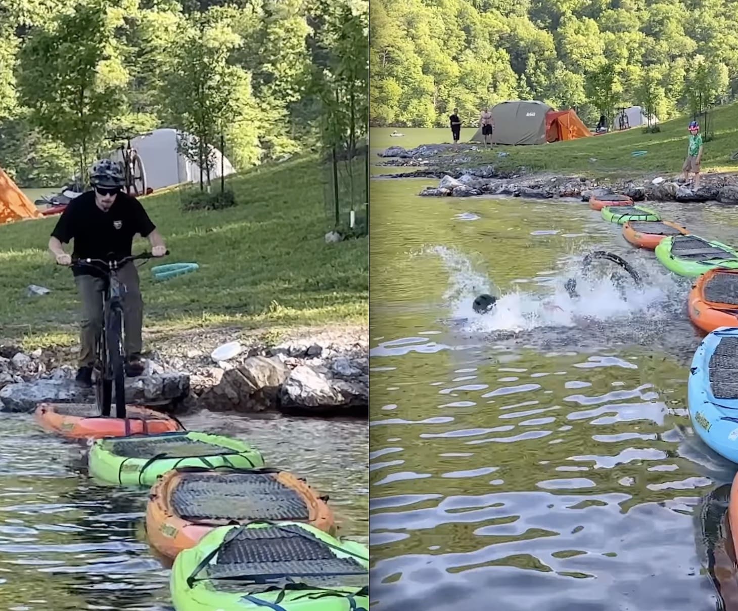 Mountain Bikers Attempt To Cross 7 Incredibly Unstable Paddle Boards ...