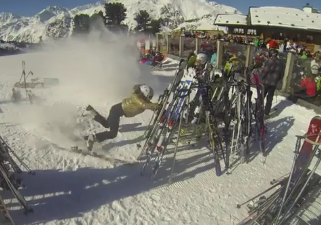 WATCH: Out of Control Skier Lady Headfirst Plows Ski Rack….Seemingly ...