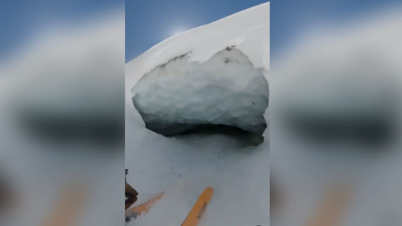 Skier Explores Ice Cave on Hoth