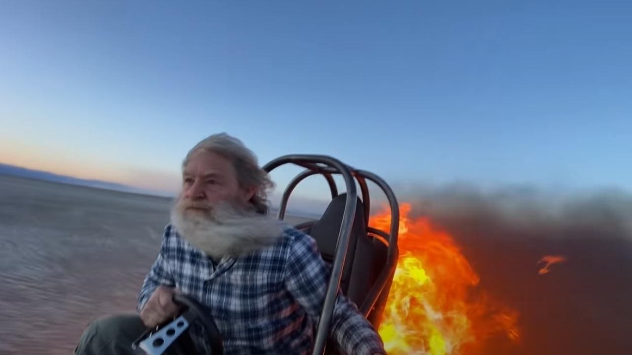 Crazy Old Man Rides Rocket-Powered Go Kart Without Brakes & Seatbelt