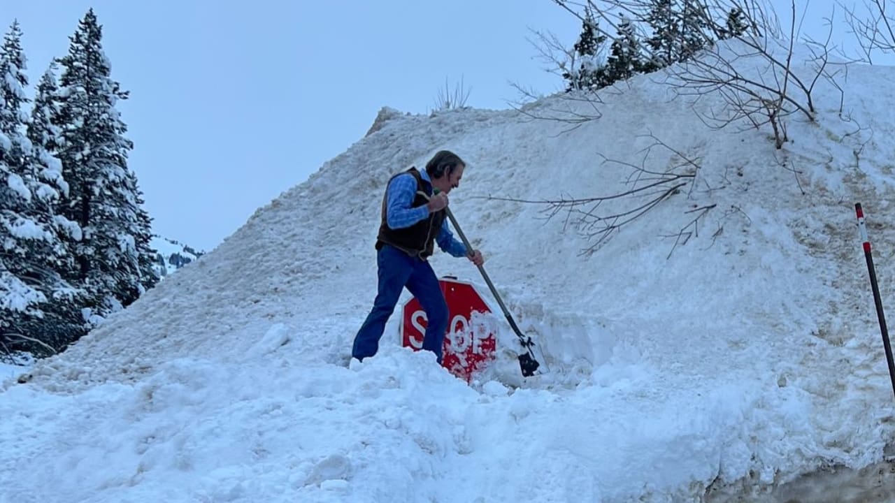 Snow Is So Deep In Tahoe That Jonny Moseley Is Digging Out Stop Signs